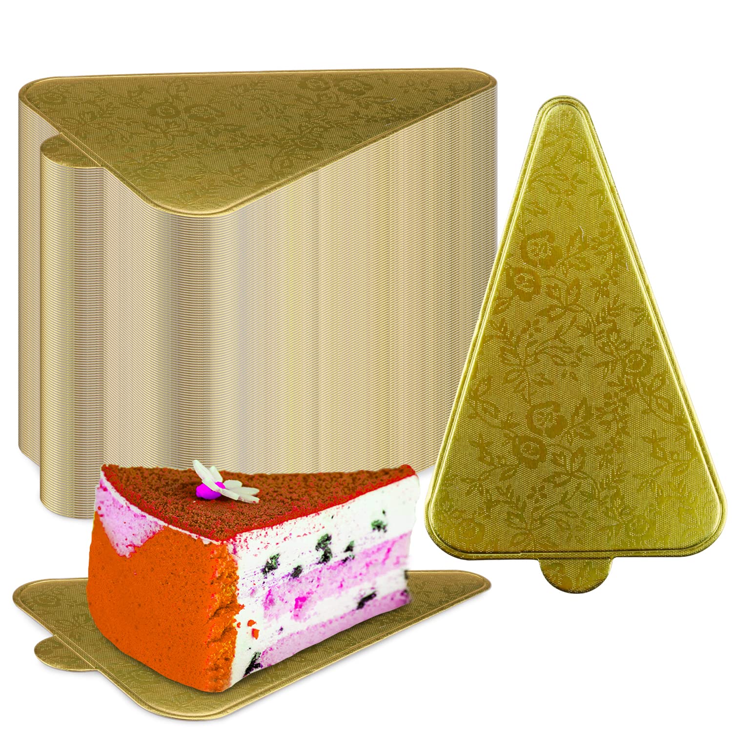 200 Pcs Mini Cake Boards, Floral Embossed Gold Mousse Cake Boards Mini Cake Bases Cake Paper Board Plates Cupcake Dessert Displays Tray Cardboard Dessert Board Pastry Base (Triangle Cake Boards)