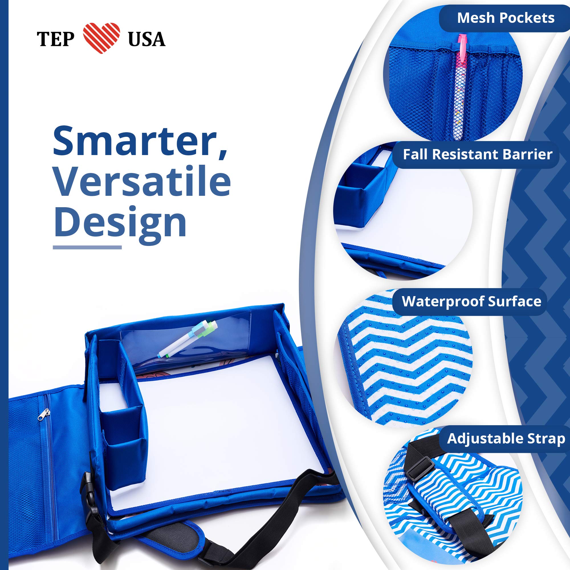 Car Seat Kids Travel Tray - Toddler Lap Activity Table Includes Dry Erase Board, Dry Erase Markers, Coloring Book & Secure Tablet Cover - Comfort Car Tray Base, Foldable with Easy to Carry Strap