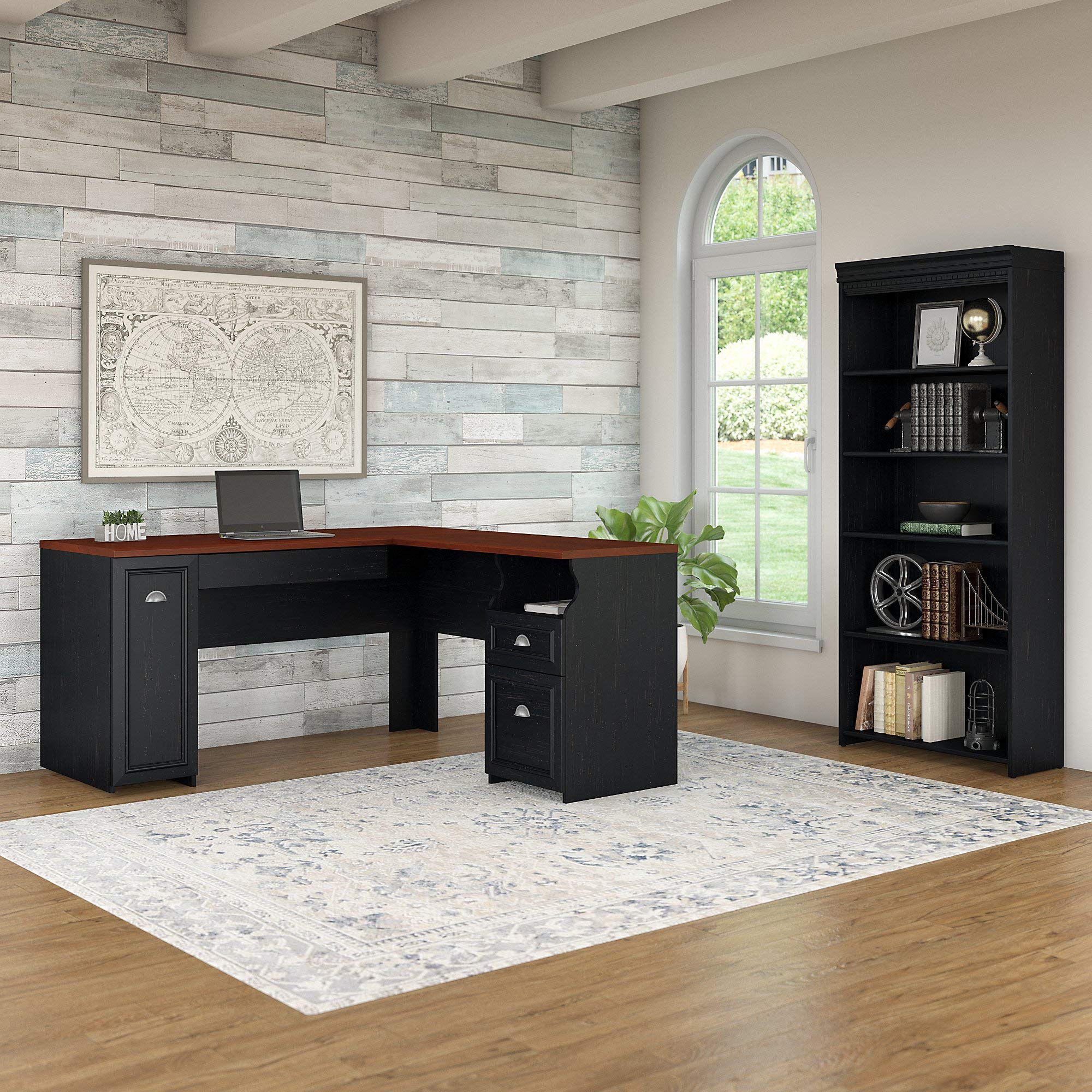 Bush Furniture Fairview L Shaped Desk and 5 Shelf Bookcase in Antique Black
