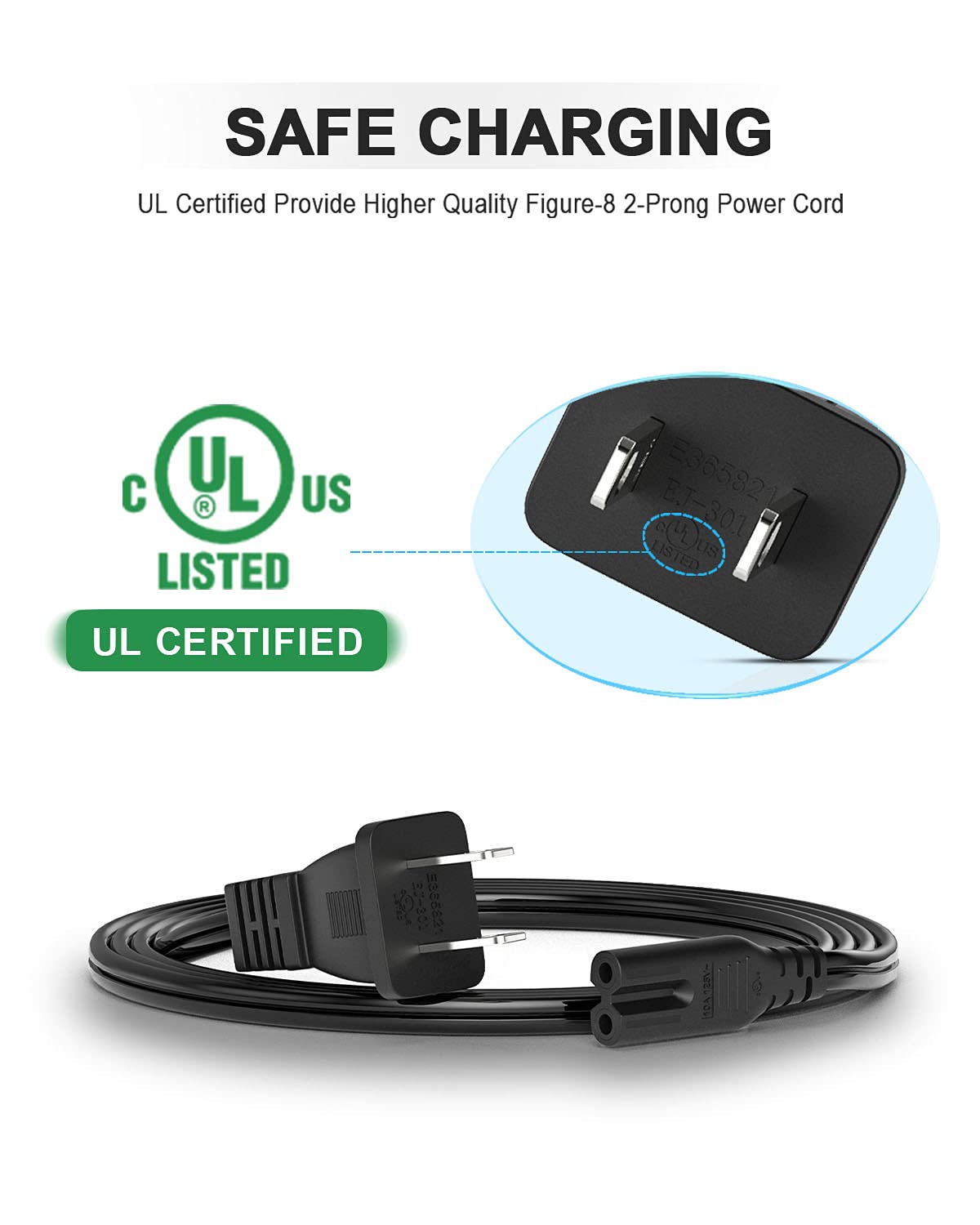 15Ft AC Power Cord for PS5 PS4 PS3,Xbox One S/X,Samsung TCL Roku Apple Toshiba Insignia LED LCD Smart TV,2 Prong Power Cable Replacement for HP Canon Printer