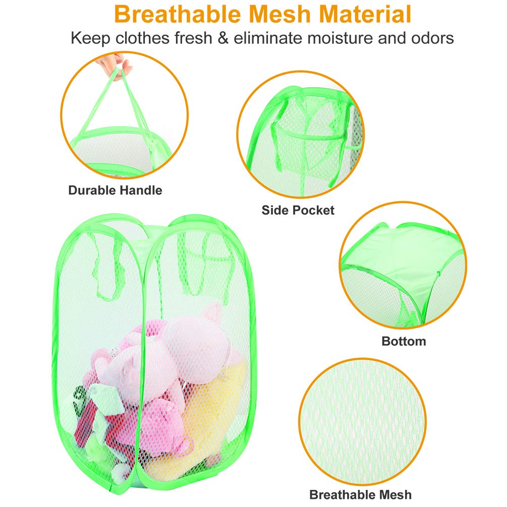 3PCS Mesh Laundry Pop-Up Hampers ,Foldable Clothes Washing Laundry Basket Bins ,Handles Kids’ Garments Hamper, for Storage Room ,Kids Toys, College Dorm ,Home Organization Travel Use (Green)