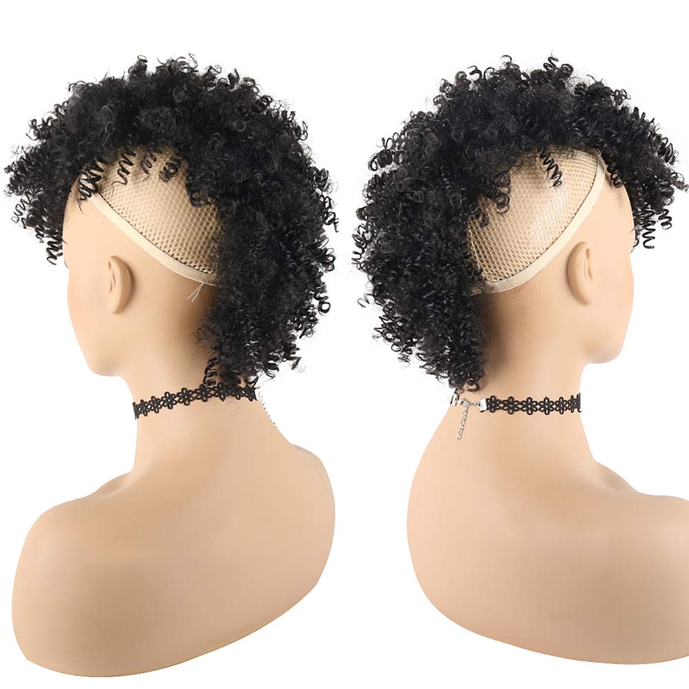 KRSI Afro High Puff Hair Bun Ponytail Drawstring With Bangs Synthetic Jerry Curly Mohawk Kinkys Curly Fauxhawks Pony Tail Clip in on Ponytails for Women Hair Extensions with six Clips(Black)