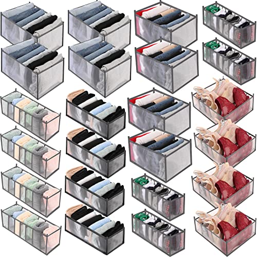24 Pack Wardrobe Clothes Organizer Foldable Drawer Organizers Gray Clothing Organizer Nylon Drawer Dividers Clothing Compartment Storage Box for Bras Socks Underpants Jeans Shirts, 6/7/11 Grids