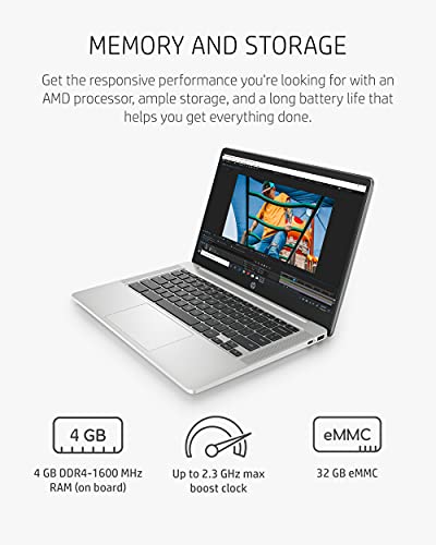 HP Chromebook 14a Laptop, AMD 3015Ce Processor, 4 GB RAM, 32 GB eMMC Storage, 14-inch Micro-Edge HD Display, Google Chrome OS, Anti-glare Screen, Long-Battery Life (14a-nd0010nr, 2021, Mineral Silver)