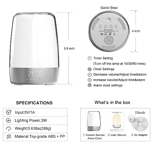 Vicsoon Sunrise Alarm Clock, Night Light Wake up Light with Sunrise Simulation, Dimmable Touch Bedsides Lamp 6 RGB Colors 5 Nature Sounds for Bedrooms