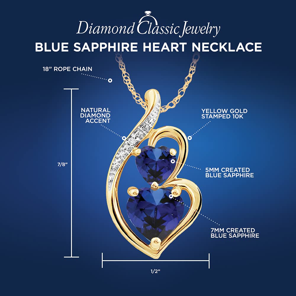 10kt Yellow Gold Lab Created Blue Sapphire Heart Necklace Diamond Accent - 18 Inch Chain