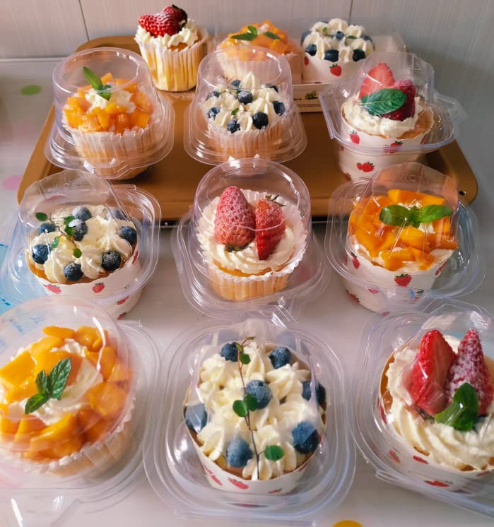 LOKQING 50 Pcs Cupcake Boxes Plastic Individual Cupcake Containers Single Cupcake Carrier with Connected Airtight Dome Lid for Party