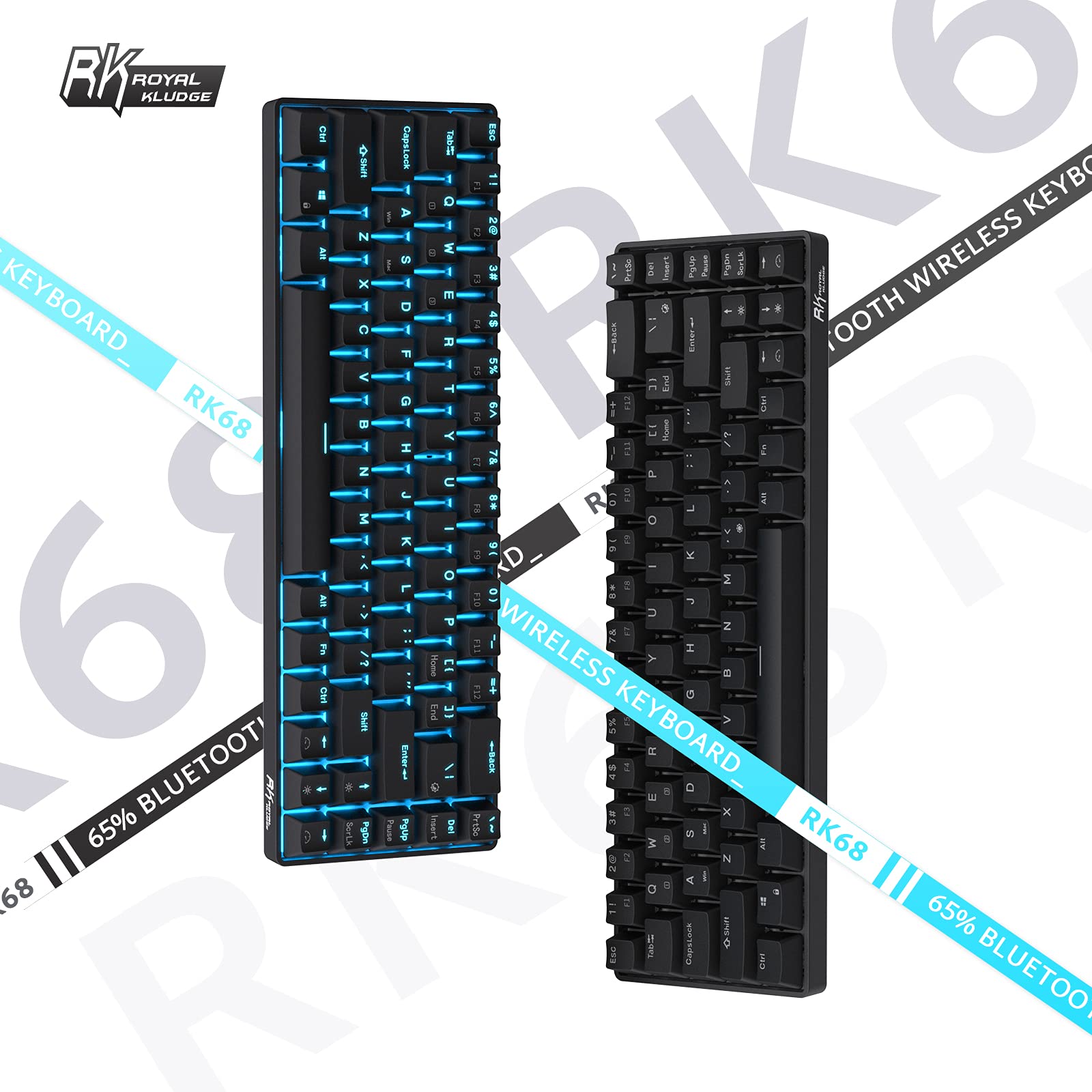 RK ROYAL KLUDGE RK68 Wireless Hot Swappable 65% Mechanical Keyboard, 68 Keys Compact BT5.0 Gaming Keyboard with Stand-Alone Arrow/Control Keys, Black, Quiet Red Switch