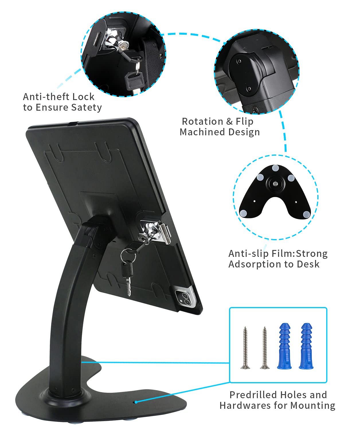 CarrieCathy Desktop Wall Mount Anti-Theft Security Kiosk POS Stand Holder Enclosure for 2022 2021 2020 2018 iPad Pro 12.9", Flip & 360° Swivel Design