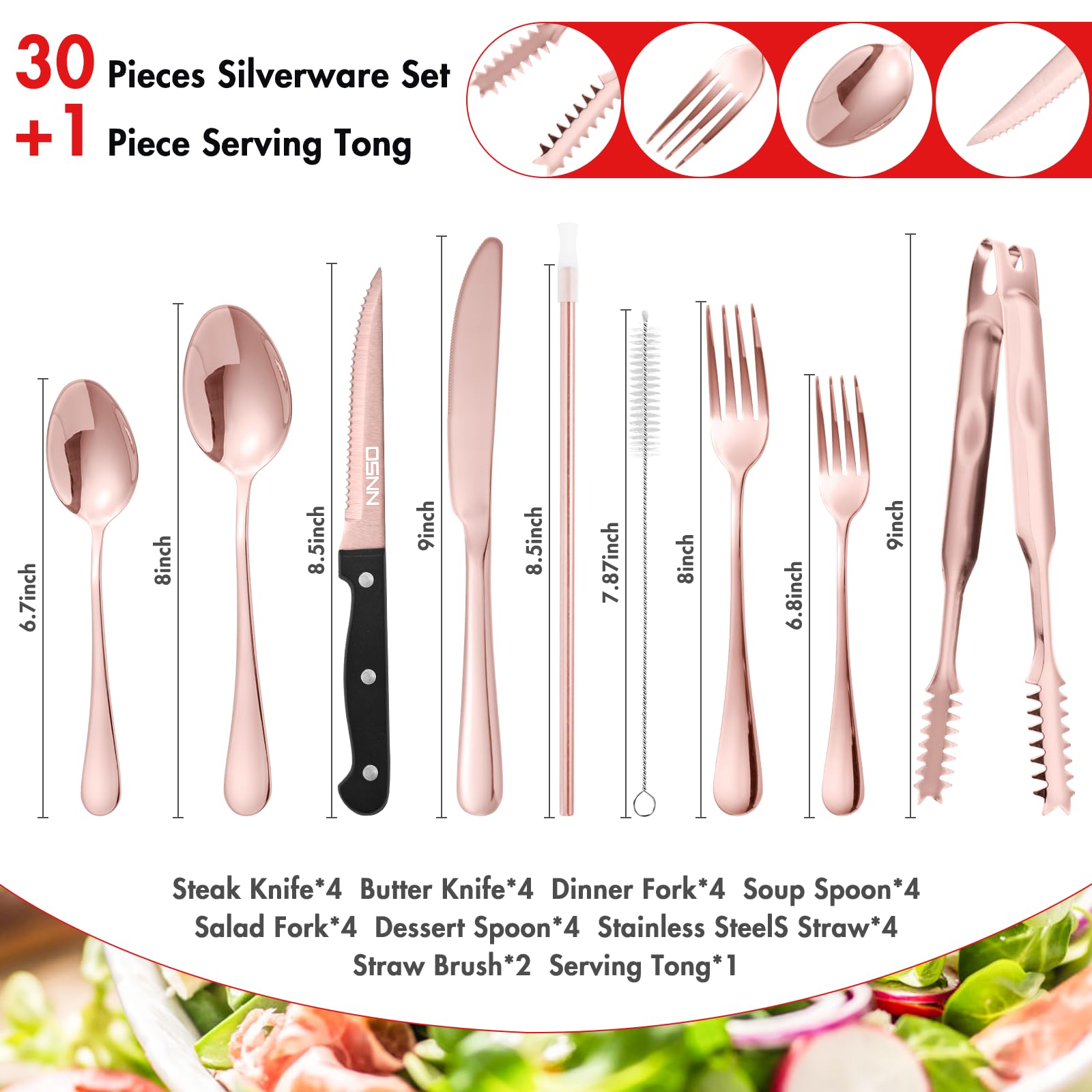30 Pieces Rose Gold Silverware Sets Plus Serving Tong,Stainless Steel Flatware Set with Metal Straw for 4, DSNN Home Kitchen Utensil Cutlery Set,Include Forks Spoons and Knives Set