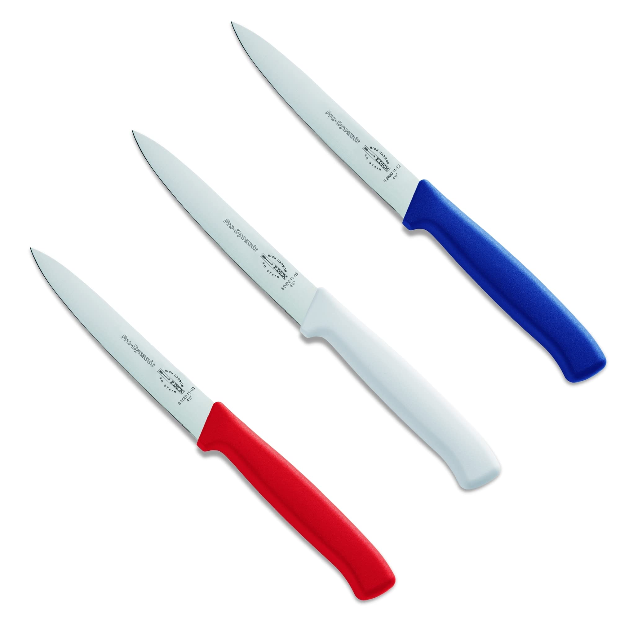 F. Dick 3-Piece Paring Knife Set - 4 inch Blade Kitchen Paring Knives - Red, White and Blue Color Chef Paring Set - Made In Germany - Model P3RWB