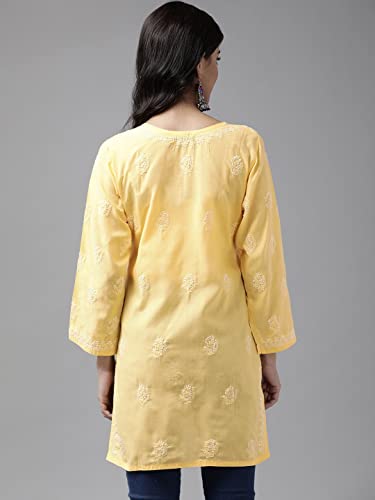 Ada Indian Hand Embroidered Chikankari Women's Cotton Top Tunic Shirt Blouse A911127 (XS, Yellow)