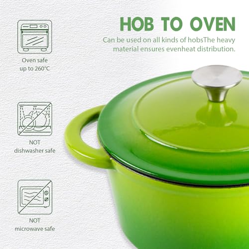 2.6 QT Enameled Dutch Oven Pot with Lid, Cast Iron Dutch Oven with Dual Handles for Bread Baking, Cooking, Non-stick Enamel Coated Cookware (Apple Green)
