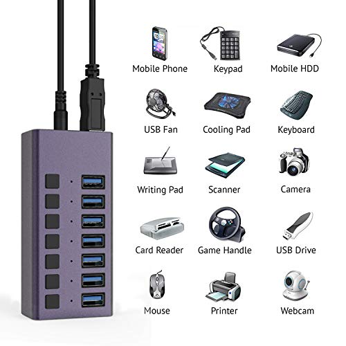 USB 3.0 Hub -7 Ports Powered USB Hub 36W USB Charging Hub with Individual On/Off Switches and 12V/3A Power Adapter and Light for PC, Laptop, Computer, Mobile HDD, Flash Drive and More(Purple)