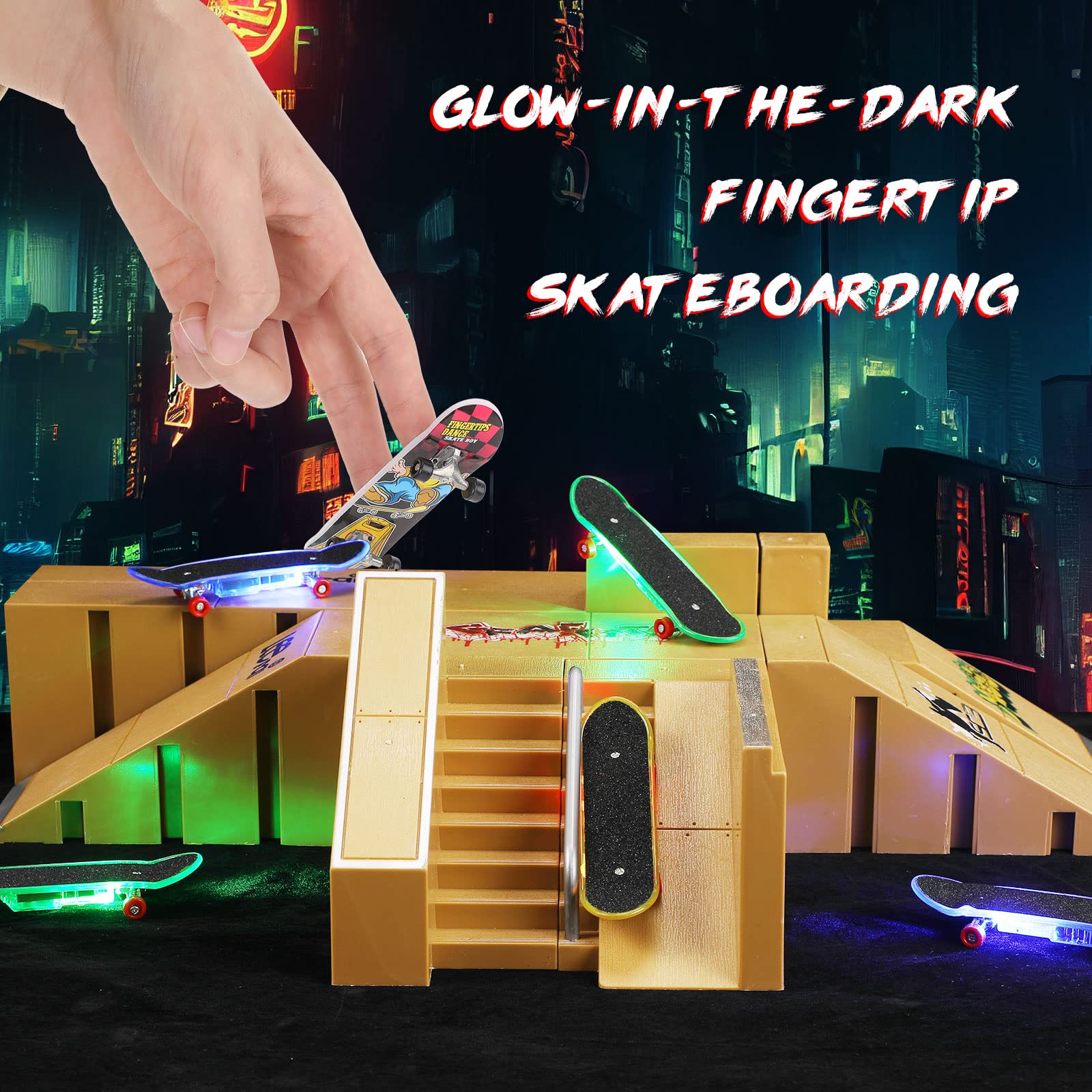 13 Pcs Finger Skateboard Ramp Kit, 6 Lighted Tech Skatepark Finger Skateboards and 3 Mini Finger Skateboard Mini Skateboards Toys Training Gift, Orange, Green, Blue