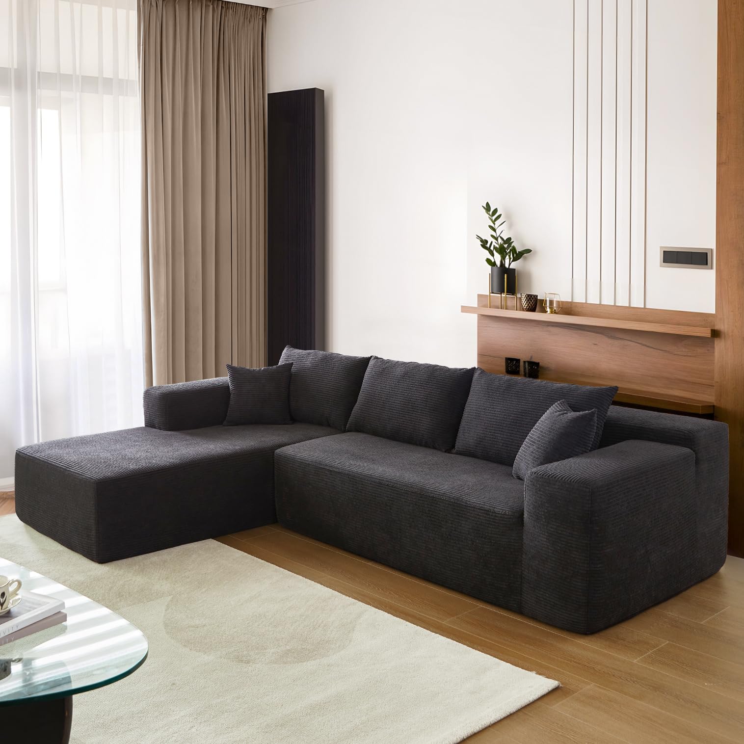 104" Cloud Sectional Couch with Comfy Chaise, No Assembly Required L Shape Sofa with Deep Seat, Minimalist Modular Couches Sleeper for Living Room (Black (Corduroy Fabric), Left Facing Chaise)