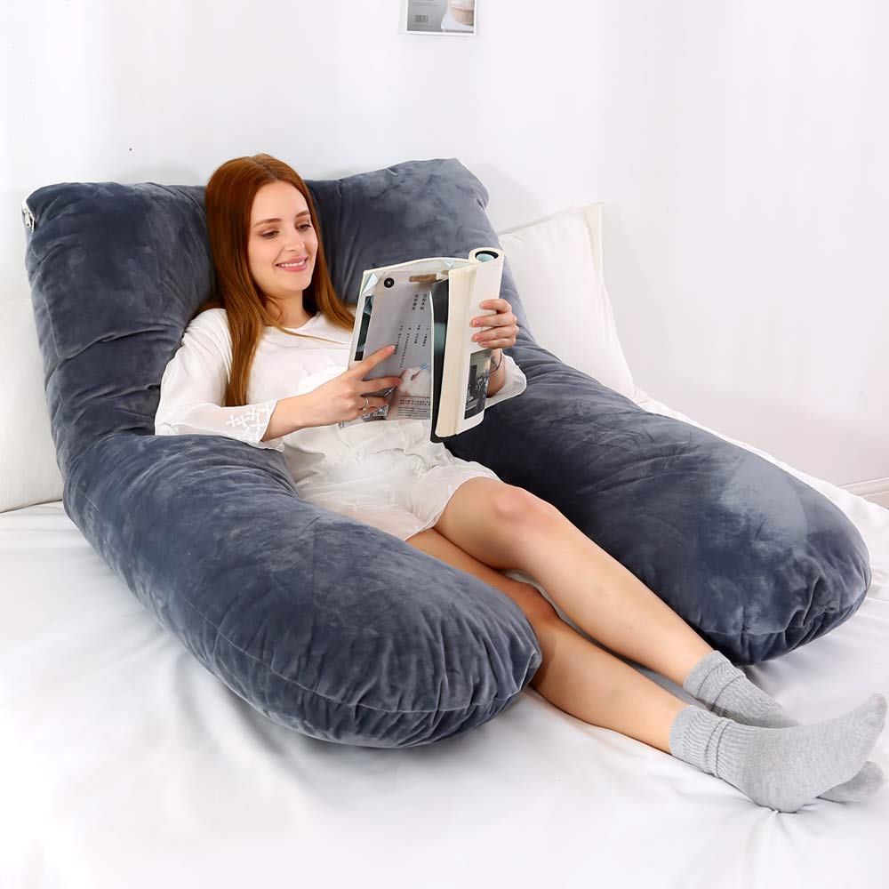 WhatsBedding Pregnancy Pillows for Sleeping, U Shaped Full Maternity Body Pillows with Machine Washable Velvet Cover (55 inches, Dark Grey)