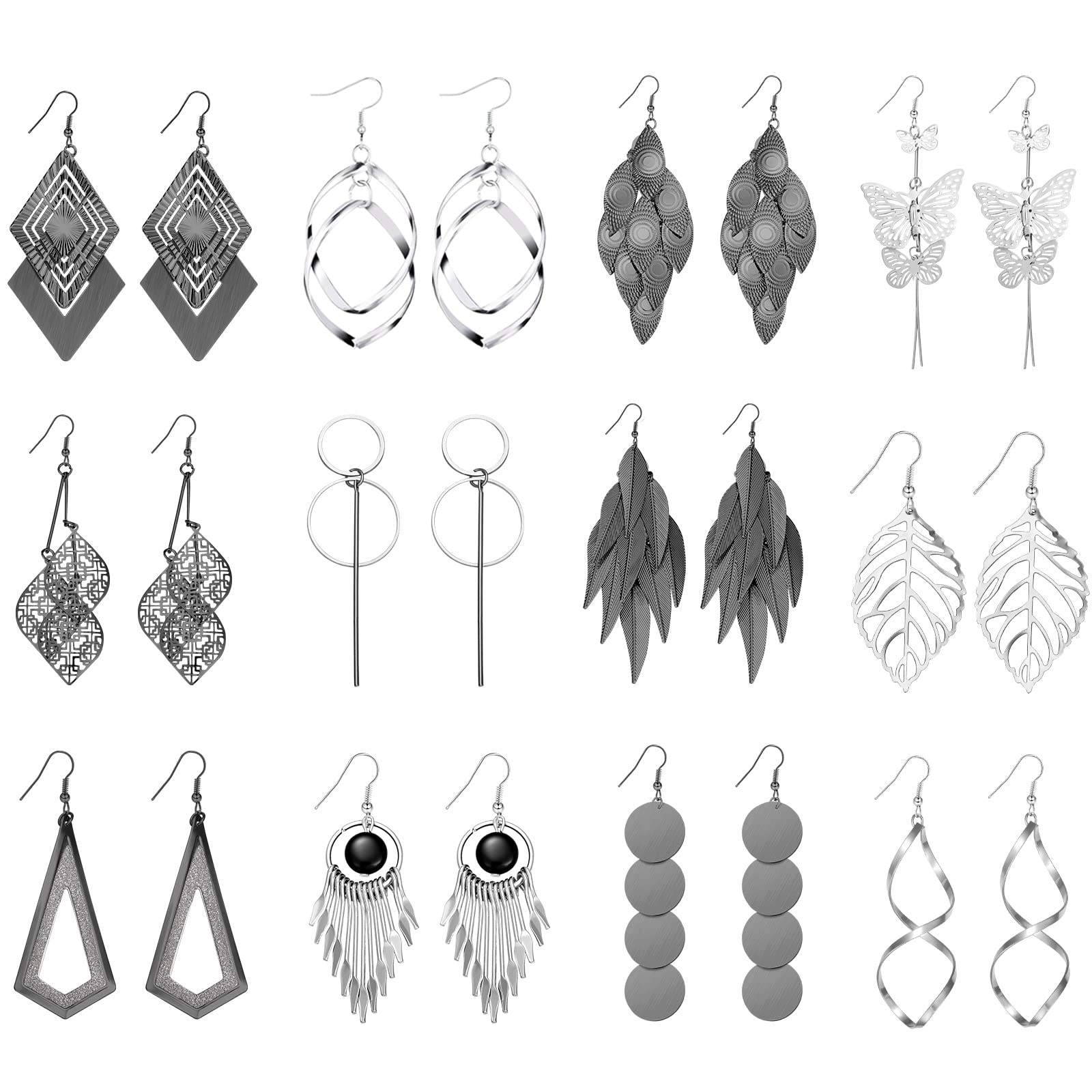 12 Pairs Drop Dangle Earrings Bohemian Long Earrings Vintage Statement Earrings for Women(Silver, Black)