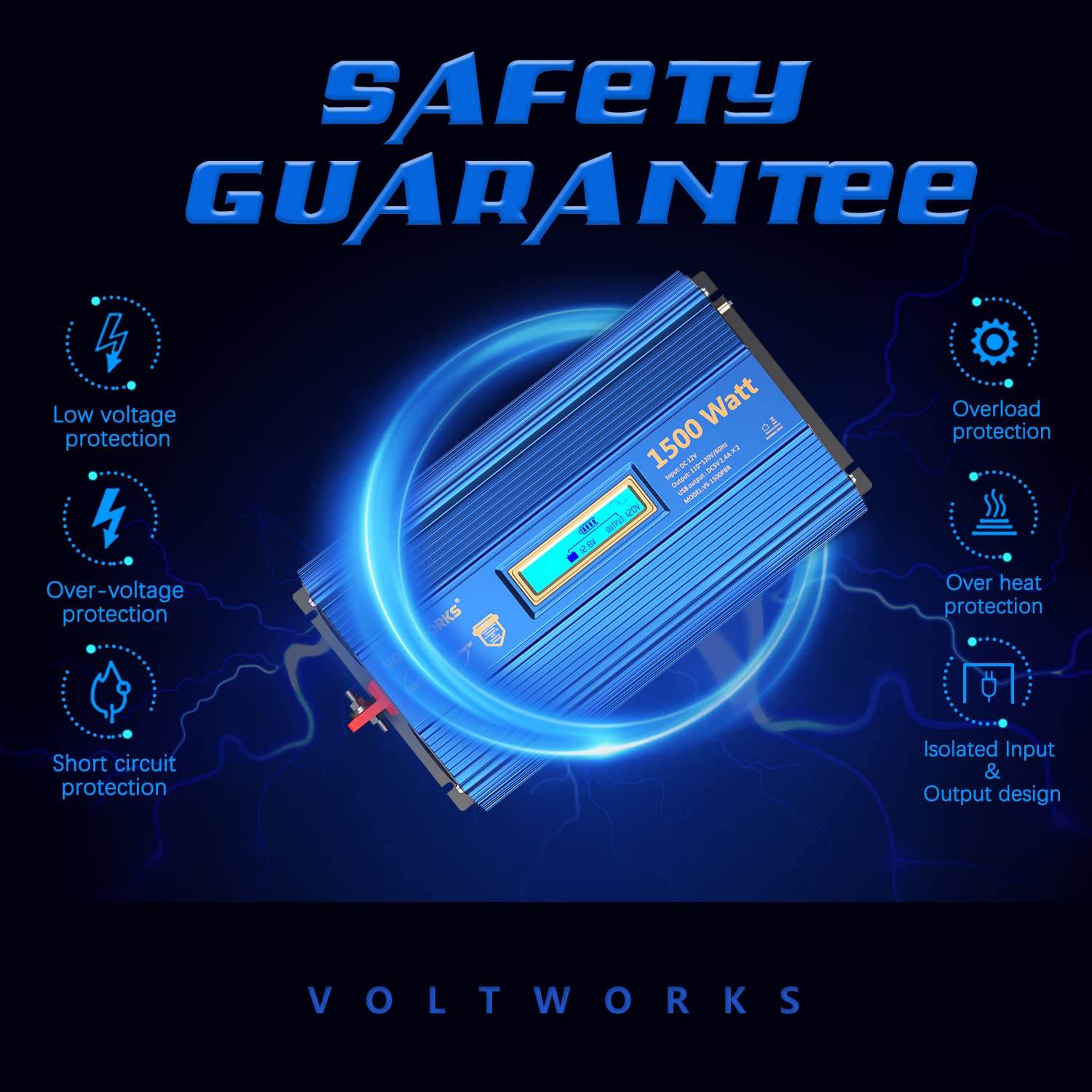 1500W Pure Sine Wave Power Inverter DC 12v to AC 110V-120V with Remote Control LCD Display and 2x2.4A Dual USB Ports 3 AC Outlets for Home RV Truck by VOLTWORKS