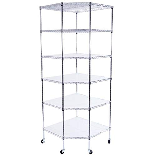 MAXMYE 6-Tier Floor Corner Pipe Shelf, Chrome Plated Polygonal Corner Metal Shelf, 68 x 68 x 180cm Pentagon Rack Bookshelf Wire Shelving with 2" PP Wheels Silver for Kitchenware Storage Book Display