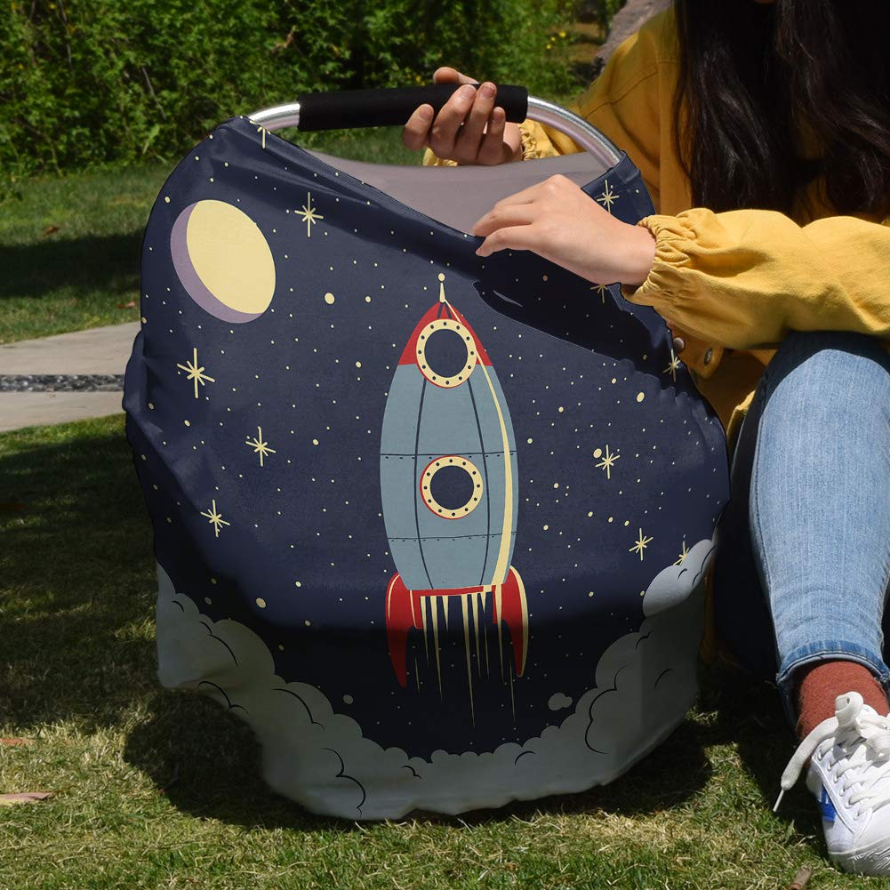 Car Seat Canopy Nursy Cover - Space Theme Cute Cartoon Rocket Moon and Stars Pattern - Multi Use Breastfeeding Scarf for Women, Baby Stroller Cover Shopping Cart Pad Breastfeeding Towel