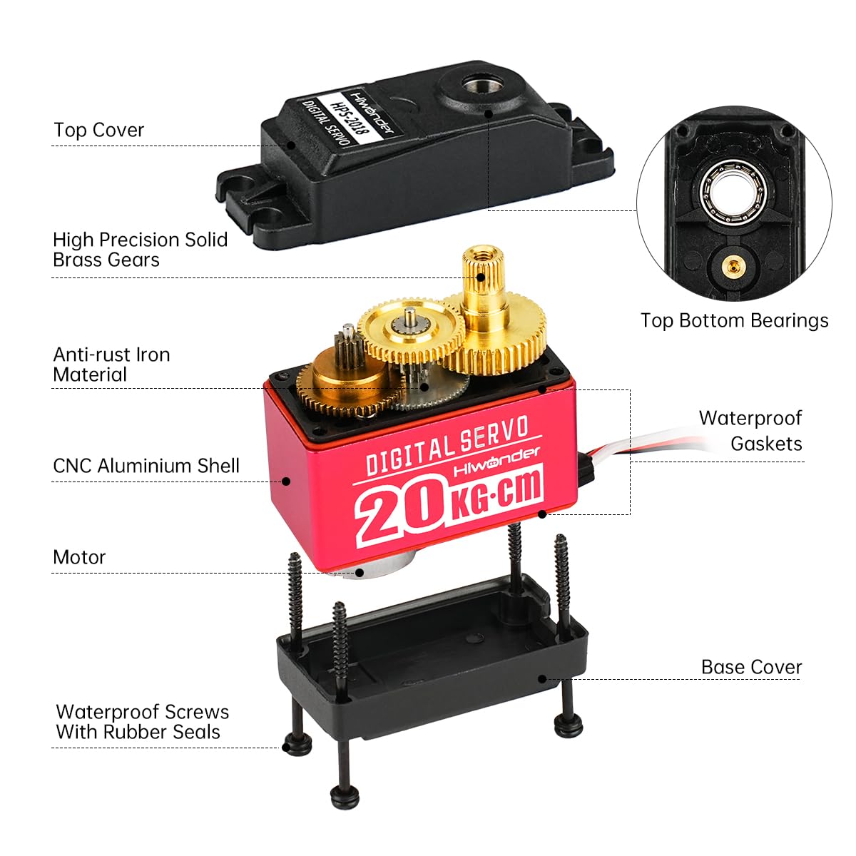 20KG RC Servo High Torque Servo Motors, Waterproof Full Metal Gear Steering Servo for 1/6 1/8 1/10 1/12 RC Car Robot DIY, Digital Servo with 25T Servo Horn, Control Angle 180°