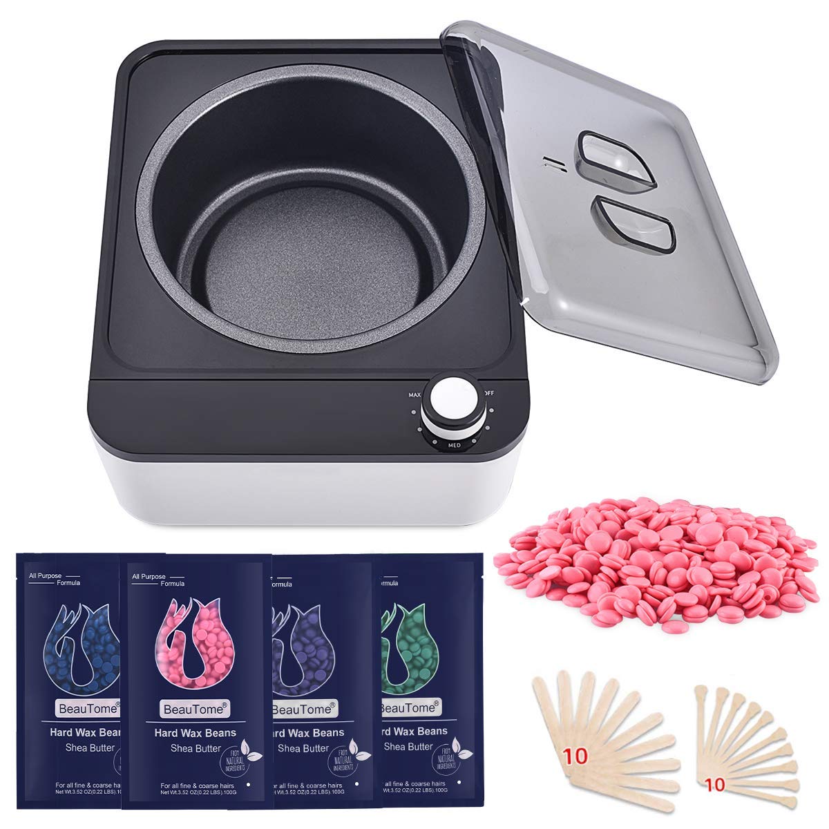 BeauTome Waxing Kit for Women Men, Wax Warmer with 4 Bags Hard Wax Beans, 20 Wax Applicator Sticks, Hair Removal Wax Warmer Kit for Full Body, Face, Eyebrow, Armpit, Legs, Bikini,Brazilian-White