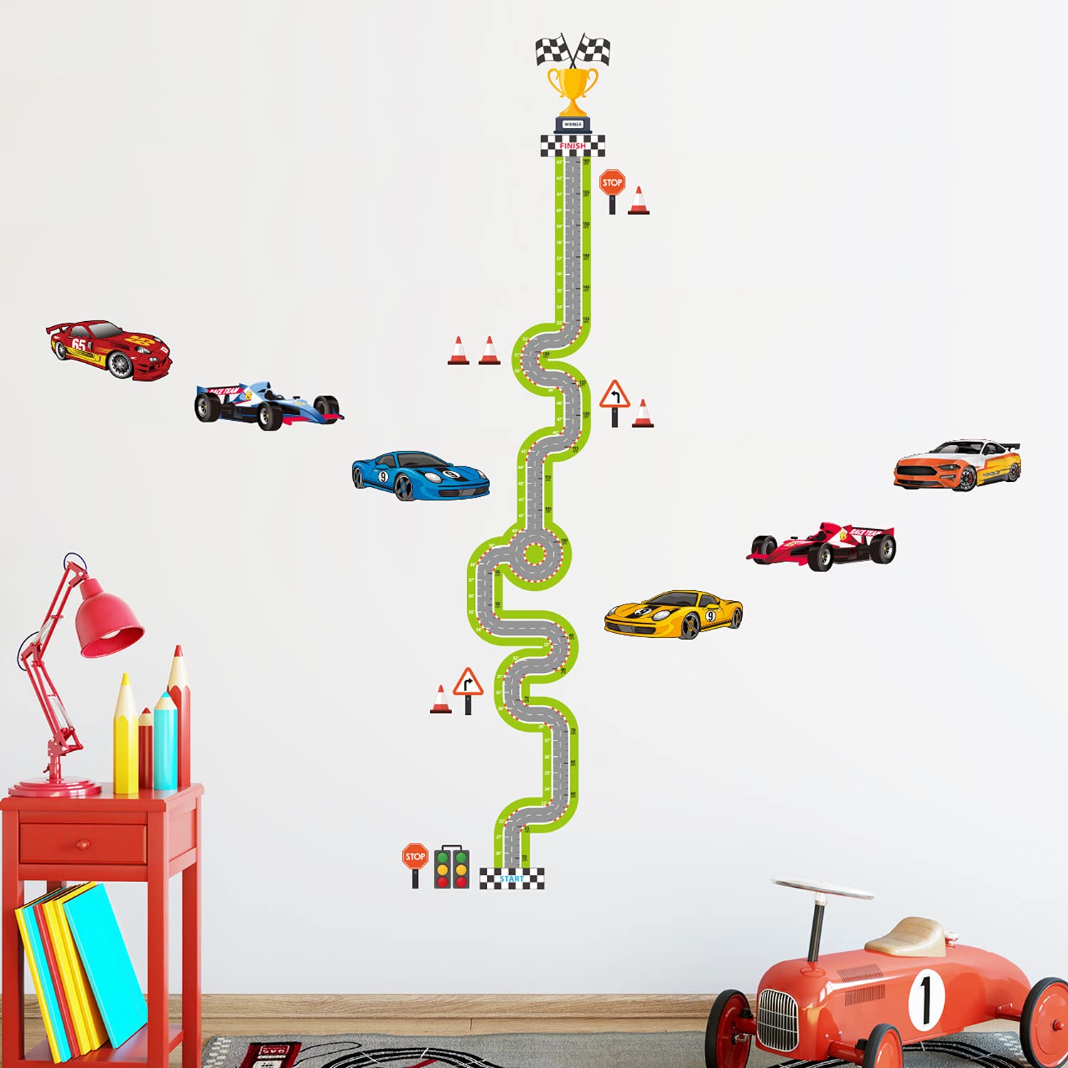 DECOWALL DA-1911 Racing Track Height Growth Chart Kids Wall Stickers Wall Decals Peel and Stick Removable Wall Stickers for Kids Nursery Bedroom Living Room d?cor
