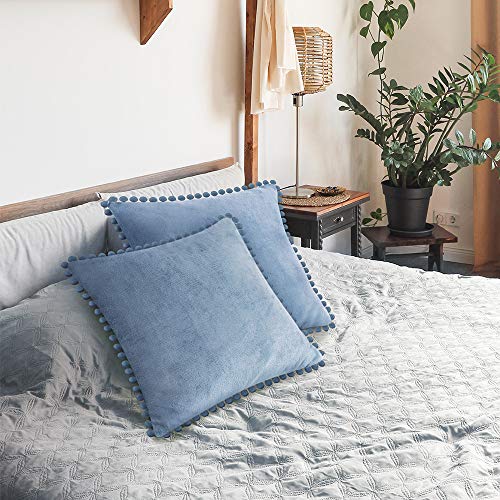 PAVILIA Dusty Blue Throw Pillow Covers, 20x20, Set of 2, Pom Pom | Decorative Velvet Cushion Covers for Sofa Couch Bed | Light Slate Blue Fleece Accent Pillow Case Pompom