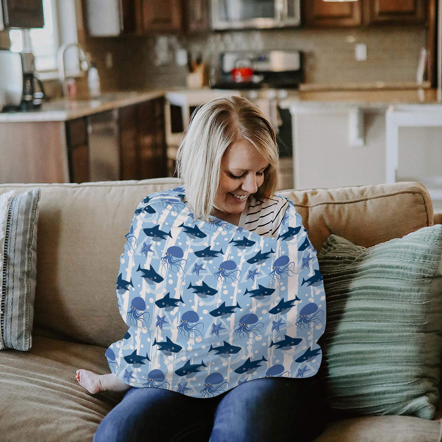 Nursing Cover for Breastfeeding Scarf Super Soft Cotton Multi Use for Baby Car Seat Covers Canopy Shopping Cart Cover Blanket Stroller Cover-Ocean Themed Fish Shark Octopus Starfish