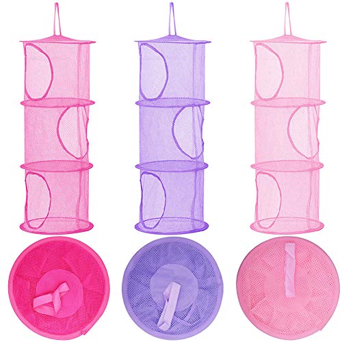 3Pcs Hanging Mesh Space Saver Bags Organizer 3 Compartments Toy Storage Basket for Kids Room Organization mesh Hanging Bag Set (Pink, Rose, Purple)