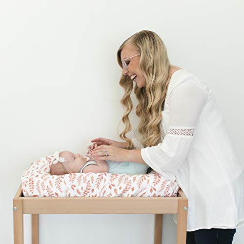 Bebe au Lait Premium Muslin Changing Pad Cover - Elasticized Fit, Safety Strap Holes, 2-Layer Open-weave, 100% Cotton Muslin, Fits Standard Baby Changing Pad up to 36" X 18" X 6"-One Size, Pink Leaves