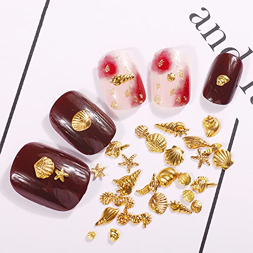 12Styles Nail Art Metal Studs Gold Metallic 3D Pieces Rivet Palm Tree Turtles Marine Life Charms for Summer Beach Ocean Manicure DIY Acrylic Nails Design Supply (Gold Ocean Studs)