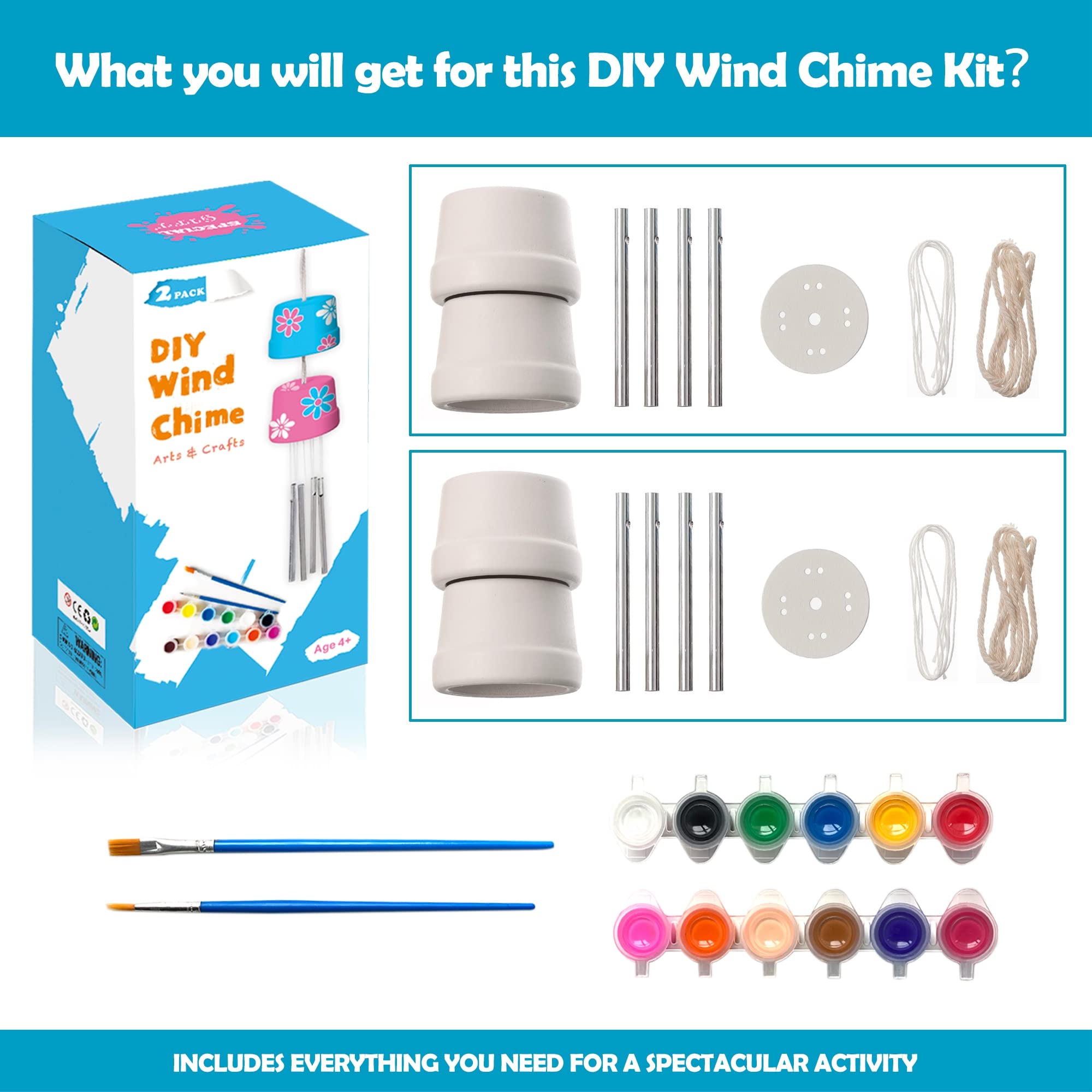 2 Pack Wind Chime Kits for Kids Crafts, Toddlers DIY Wooden Craft Painting Arts Kits, Includes Paints & Brushes, Birhtday Include Color Box