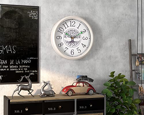 Abdurey Night Light Wall Clock, 12" White Retro-Vintage Style, Silent Battery Operated, Sound Control Sensor Lighted Wall Clocks, for Bedroom, Living Room, Farmhouse (Tree of Life Warm Light)