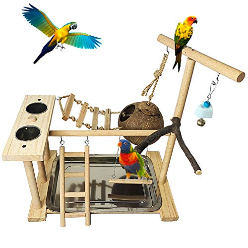 Hamiledyi Parrot Playground Bird Playstand Wood Perch Gym with Feeder Cups Toys Cockatiel Nest with Ladder for Conure Lovebirds