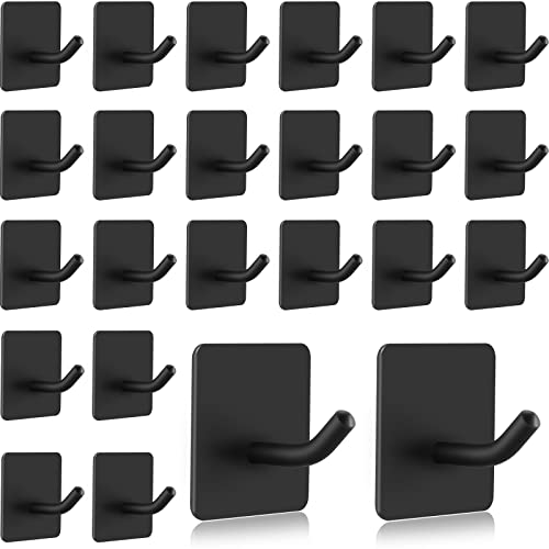 24 Pcs Self Adhesive Towel Hooks Bulk Stick on Wall Hooks Waterproof Stainless Steel Kitchen Towel Holder Heavy Duty Sticky Hangers for Hanging Bathroom Home Door Coat Robe Clothes Key (Black Color)