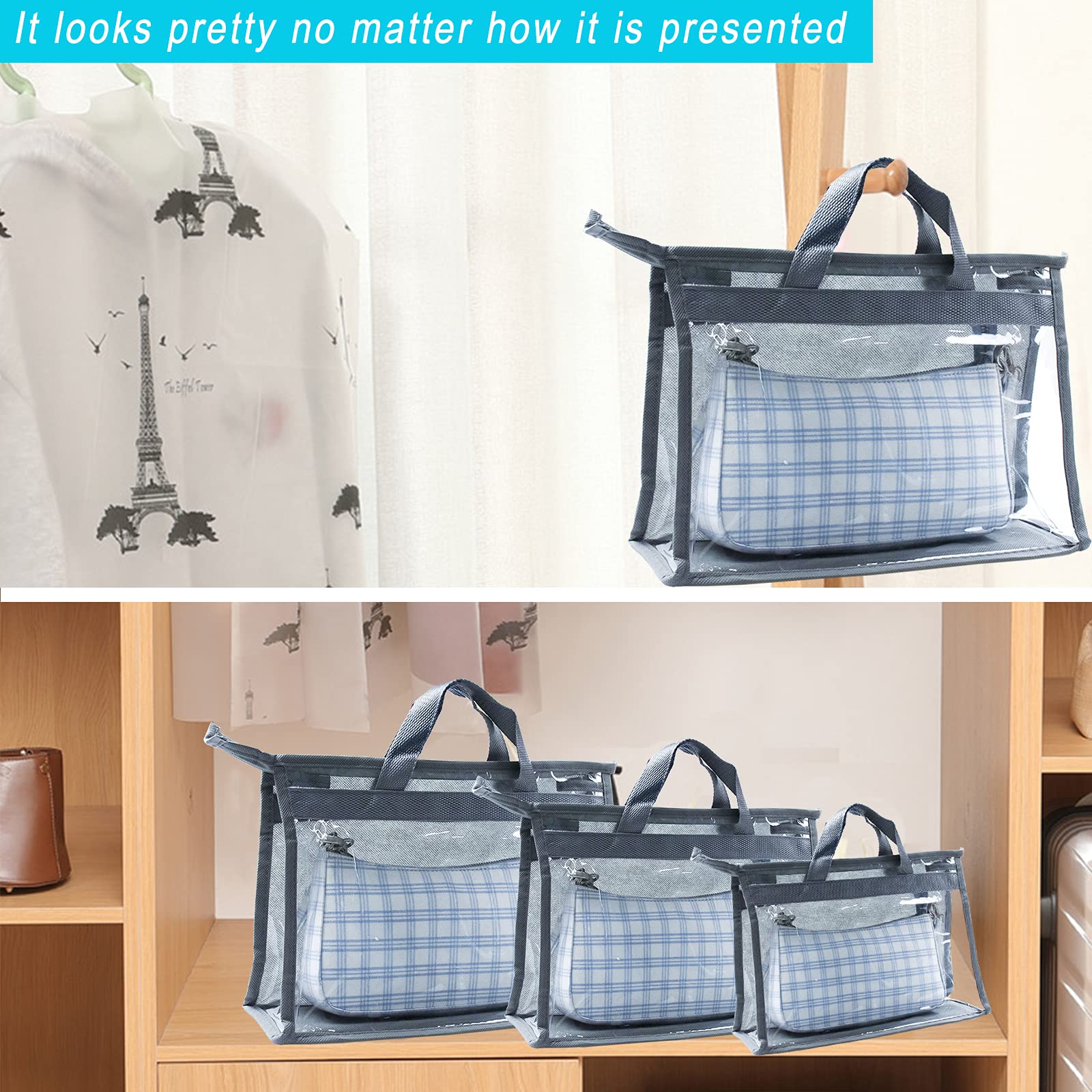 9Pcs Clear Handbag Storage Dust Cover Organizer Bags, Transparent Dustproof Purse Protector Storage Bag with Zipper Handles for Closet Shelf-3 Sizes (Grey)
