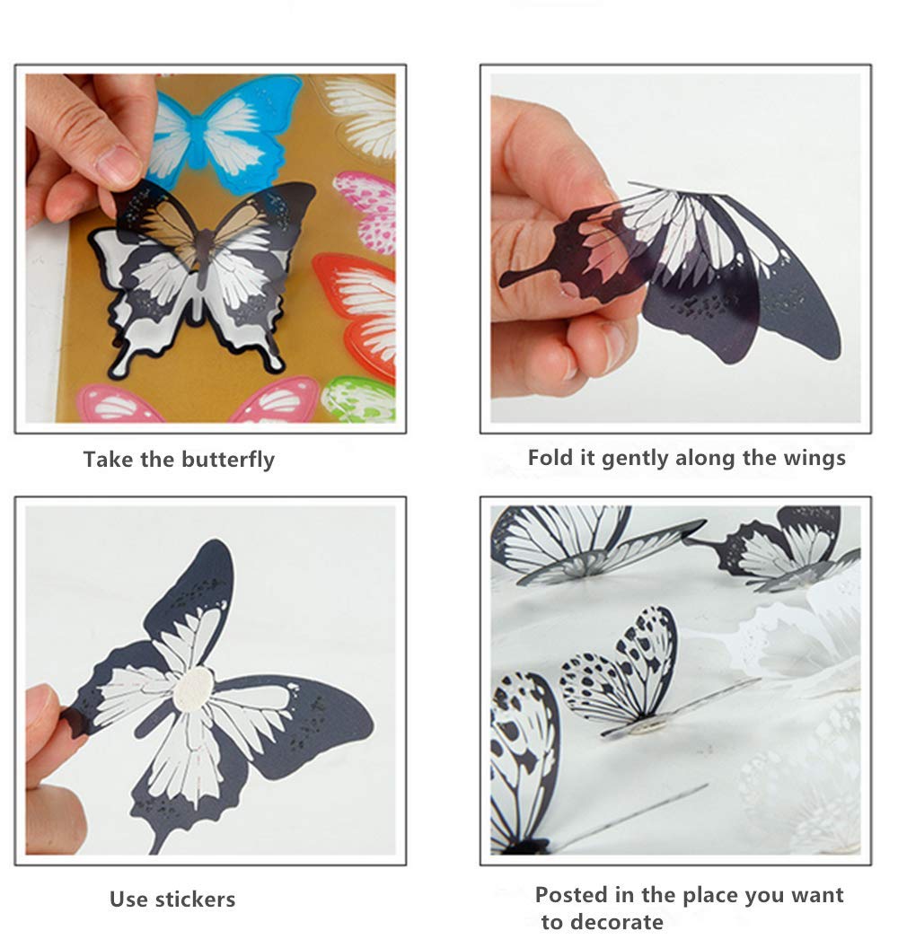 90 PCS 3D Butterfly Wall Stickers,Butterfly Decor PVC Crystal Butterfly,Art Decal Satin Paper Butterflies Home DIY Decor Removable Sticker,Bedroom Showcase Nursery Butterfly Wall Decor(Black-White)