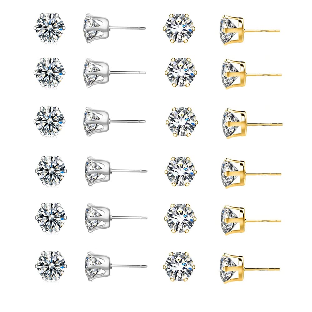 12 Pairs Stud Earrings Set,Hypoallergenic Cubic Zirconia Earrings,316L Stainless Steel CZ Stud Earrings for Women 8mm