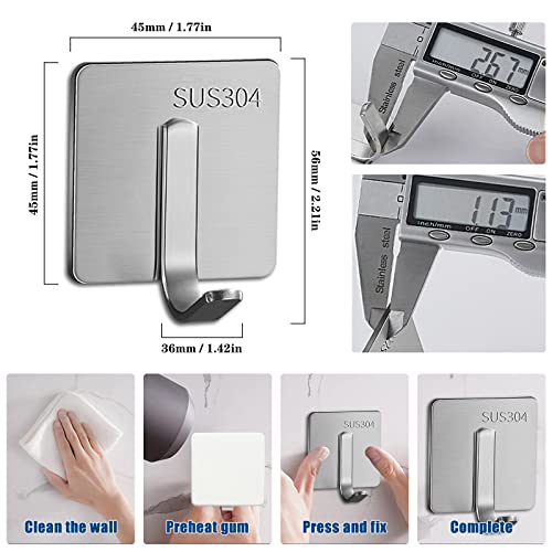 Adhesive Hooks,Waterproof 304 Stainless Steel Wall Hooks for Hanging Key,Coat,Towel,Kitchen,Bathroom Metal Adhesive Hanger Hooks Heavy Duty (2Pack, Silver)