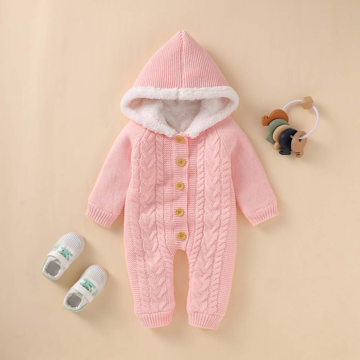 Camidy Baby Hooded Jumpsuit,Toddler Knitted Romper Cotton Long Sleeve One-Piece Coveralls