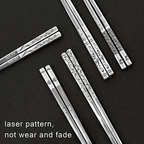 5 Pairs Stainless Steel Chopsticks JOMUCO Reusable Metal Chopsticks Dishwasher Safe Laser Engraved Pattern Chinese Korean Japanese Chopsticks Gift Set Easy to Use and Clean (Silver)