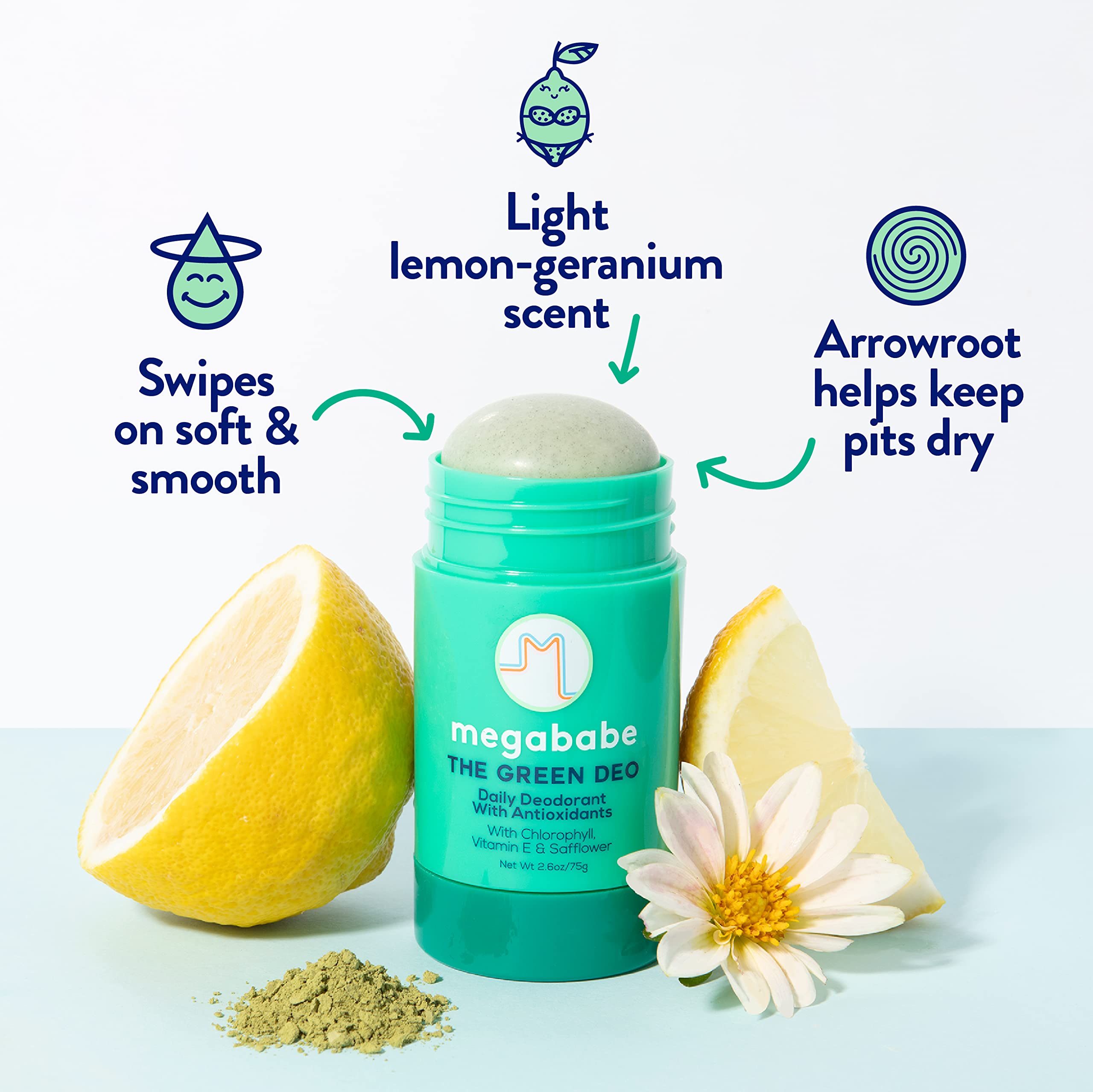 Megababe Daily Deodorant - The Green Deo with Anti-Antioxidants | Aluminum-Free, Solid, All Natural | Geranium & Lemon | Free from Parabens, Sulfates & Phthalates | 2.6 oz