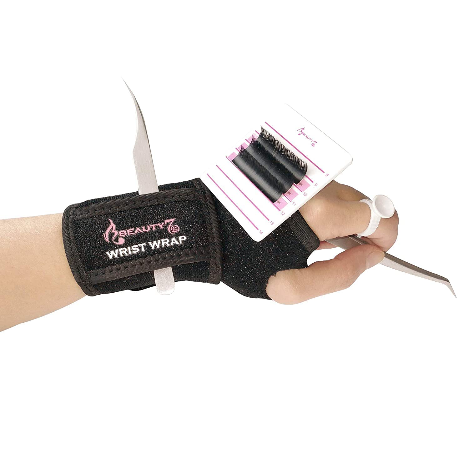 Beauty7 Eyelash Extension Holder Plate Pallet Stand Base Tray With Hand Wrist Wrap Tool Strip Glue Ring Kit For Professional Individual False Lashes (Wrist Wrap,Glue Ring,2x Pallet,3M Loop Tape)