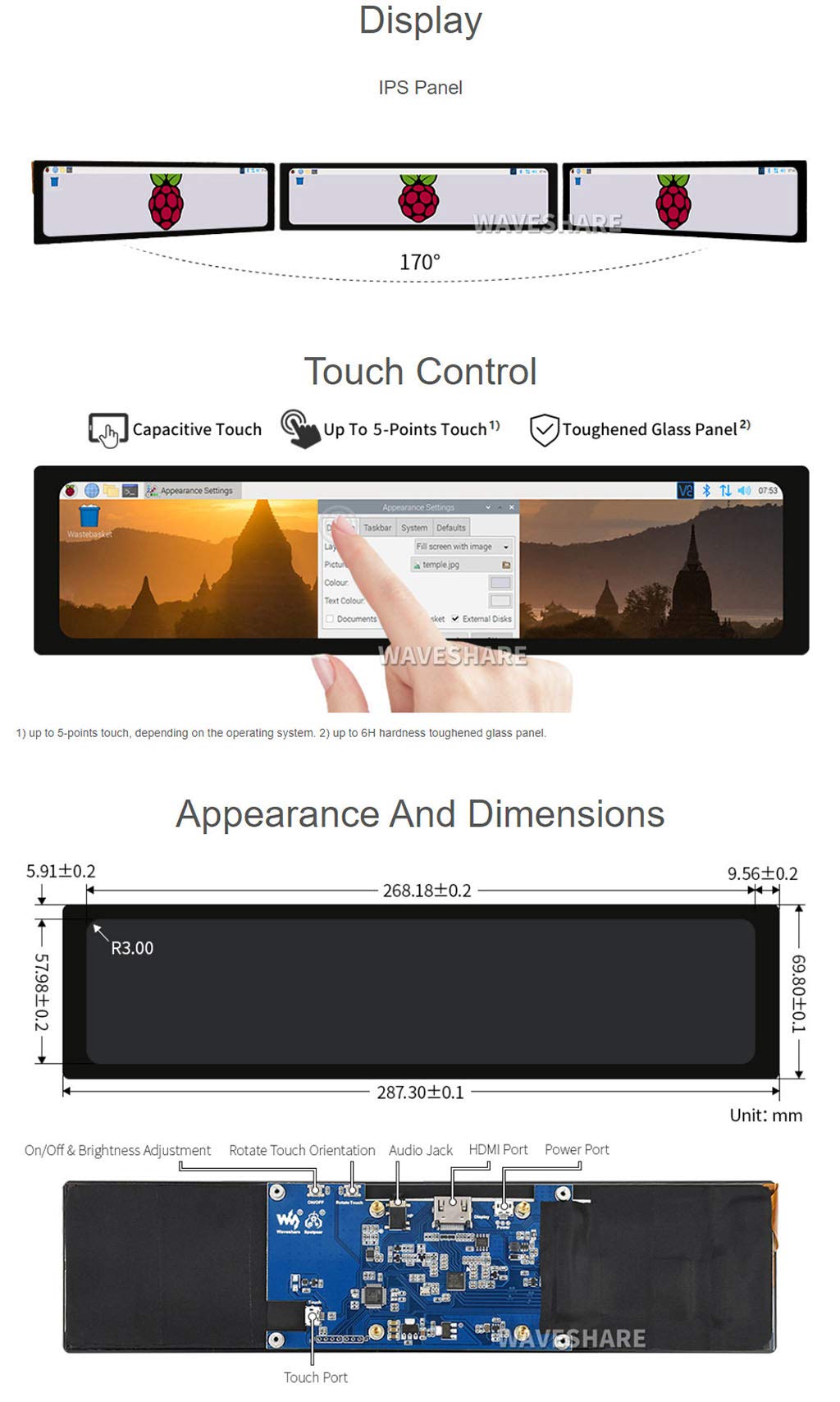 Coolwell 11.9inch Capacitive Touch Screen LCD for Raspberry Pi Series/Jetson Nano/PC, 320×1480, HDMI, IPS Display Panel, Toughened Glass Cover