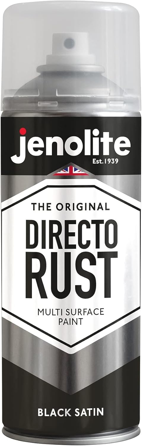 JENOLITE Directorust Satin Spray Paint | BLACK | 400ml (13.52fl oz) | Semi-Gloss Spray Paint | Wood, Metal, Plastic, Ceramic & Rusted Surfaces | Interior & Exterior Use | RAL 9005