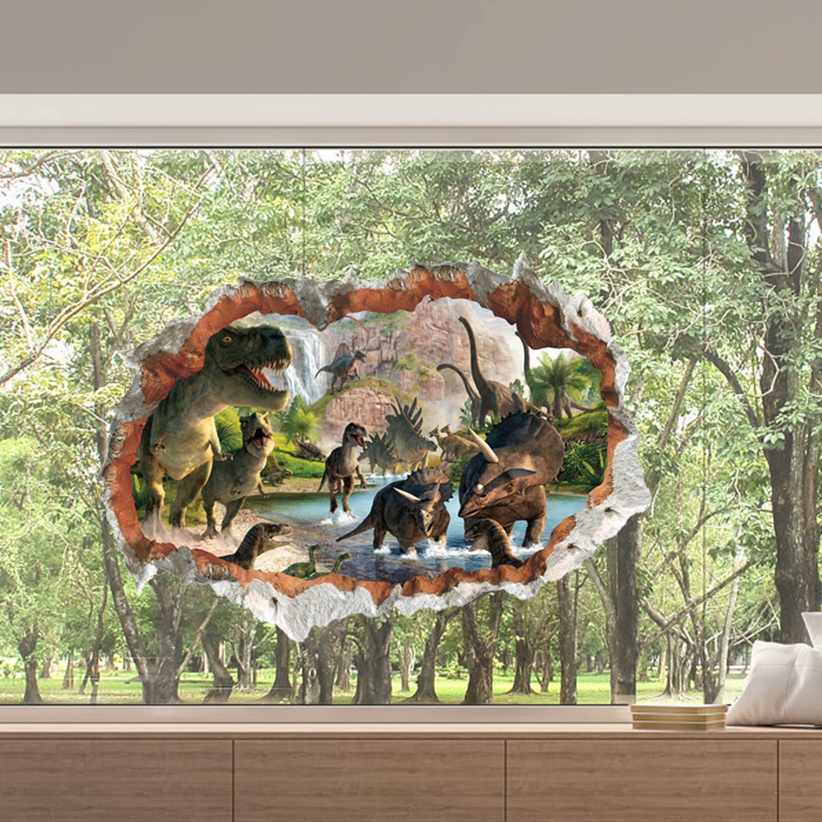DILIBRA 3PCS 3D Broken Giant Dinosaur Wall Sticker, Simulation Crack Hole Dinosaur Wall Decal, Self-Adhesive Dinosaur Cracked Smashed Wall Decor Mural for Boys Bedroom Baby Kids Nursery