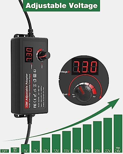 JOVNO Universal Power Supply 3V-24V 3A 72W Adjustable AC/DC Adapter 100~240V AC to DC 5V 9V 12V 15V 19V 20V with LED Display 14 Plugs 1 Reverse Polarity Converter Cable for LED Strips Motors Speaks