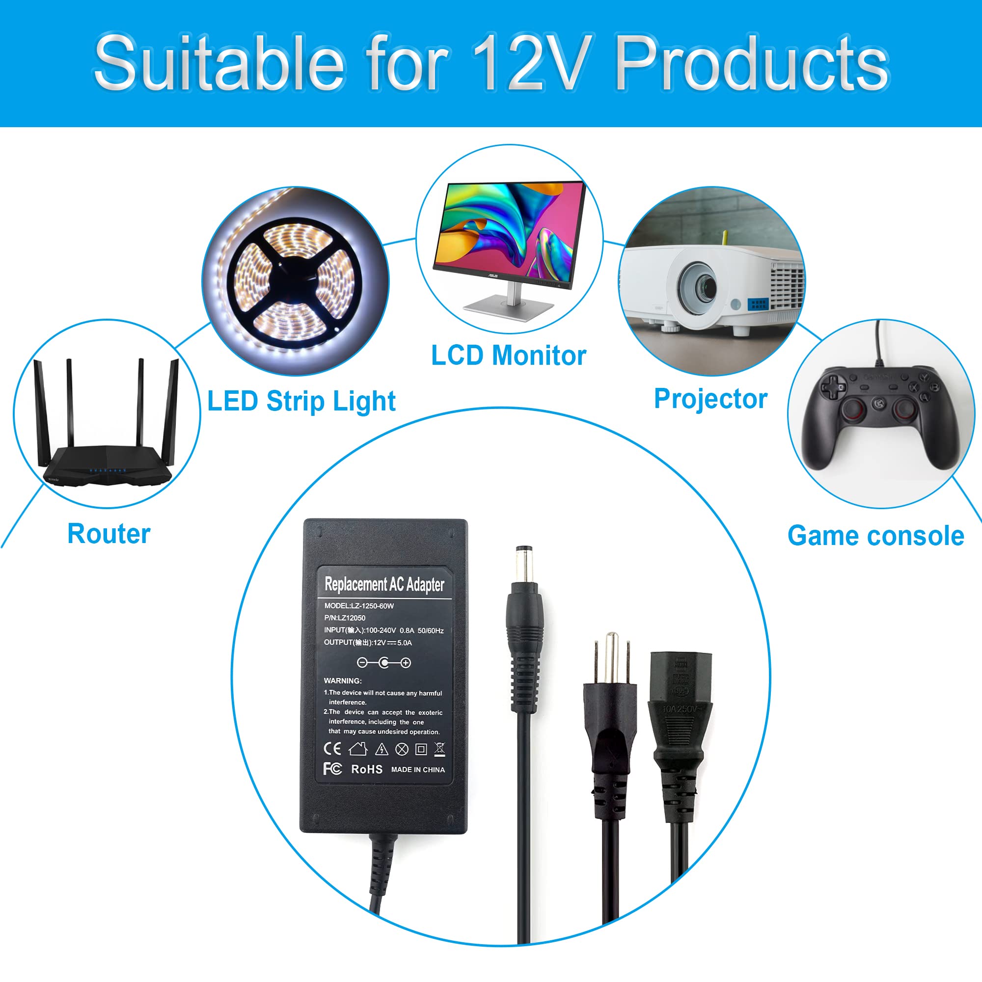 12V 5A AC Power Supply Adapter, AC 100-240V to DC 12V 5A Transformers, US Plug Power Converter LED Driver with 7.5FT Power Cord for 12V LED Light, 3D Printer, CCTV Camera and Household Electronic